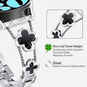 WINGLE for Samsung Galaxy Watch 7 6 5 4 FE Band 40mm 44mm Women Watch 5 Pro Band 45mm Four/4 Leaf Clover 20mm Bling Band for Active 2/Galaxy Watch 6/4 Classic 43mm 47mm 42mm 46mm/Watch 3 41mm, Silver