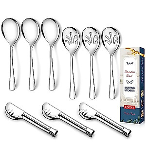 Stainless Steel Metal Serving Utensils - Large Set of 9-10" Serving Spoons, 10" Slotted Spoons, and 9" Serving Tongs by Teivio (Silver)