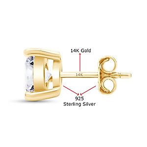 SAVEARTH DIAMONDS 14K Yellow Gold Post & 925 Sterling Silver 7.5MM Round Cut Lab Created Moissanite Diamond 3-Prong Martini Style Stud Earrings 3.0ct