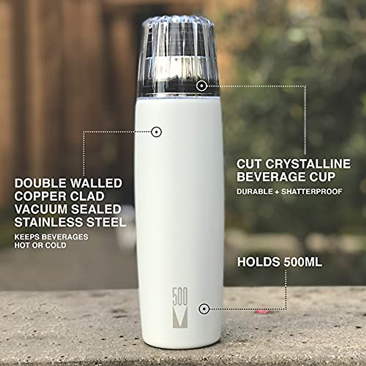 Simple Clean Stuff-V500-Stainless Steel Bottle, Triple Layer Insulate Vacuum Travel Thermos, w/Crystaline Cup-Perfect for Wine, Cocktails, Beverages like Tea/Coffee-Hot 18 hrs/Cold 48 hrs-500ml/16.9oz