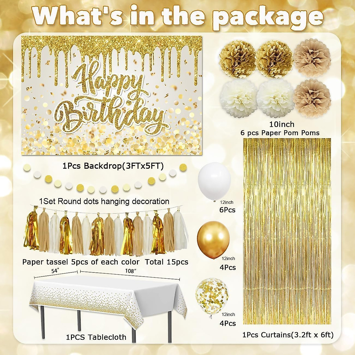 Gold Birthday Party Decorations Set Happy Birthday Decorations for Women Girls- Happy Birthday Banner Backdrop Gold and White Balloons Tassel Curtains Gold Dot Tablecloth Birthday Party Supplies