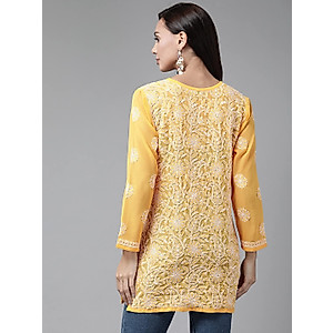Ada Indian Hand Embroidered Chikankari Women's Georgette Yellow Top Tunic Shirt Kurti A911231 (Large)