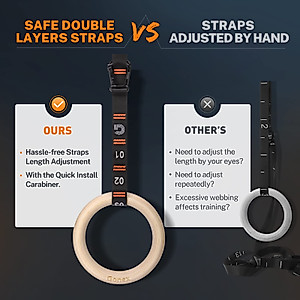 Gonex Wooden Gymnastic Rings with Adjustable Number Straps, Olympic Rings for Gym, Workout, Exercise, Outdoor Training, Quick Install Carabiner, 8.5 ft Straps Pull Up Non-Slip Rings