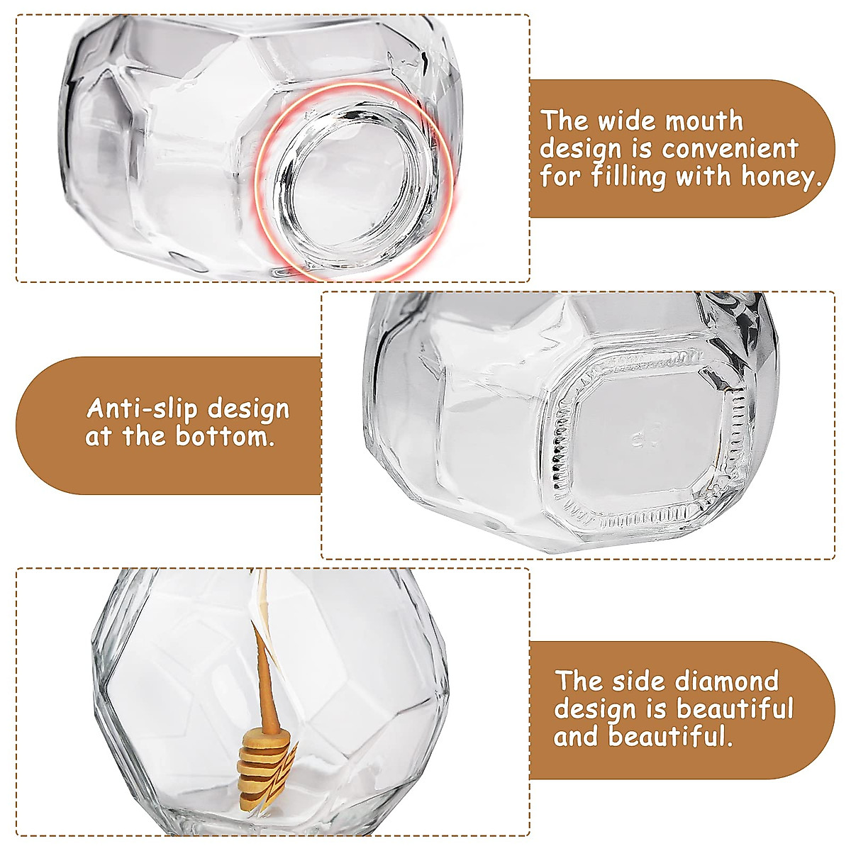 Bfttlity Honey Pot Jar Hexagon Shape Honey Pot Container 380ml Glass Honey Jar with Dipper and Lid Cover for Home Kitchen (Wooden lid)