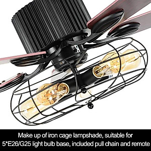 LuxureFan Vintage Industrial Ceiling Fan Light for Restaurant/Living Room with Create Iron Cage Cover Pull Chain/Remote and 5 Reversible Wood Leaves (48Inch)