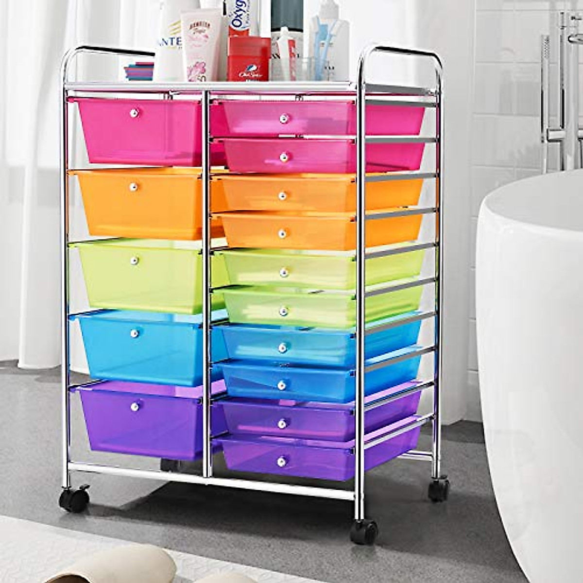 GOFLAME 15-Drawer Rolling Storage Cart, Multipurpose Movable Organizer Cart, Utility Cart for Home, Office, School (Multicolored & Clear)