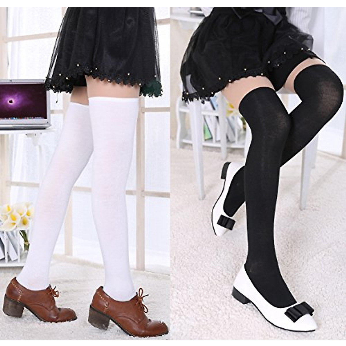 Chalier 3 Pack Womens Long Socks Over Knee Stockings, White,Gray,Black,OS