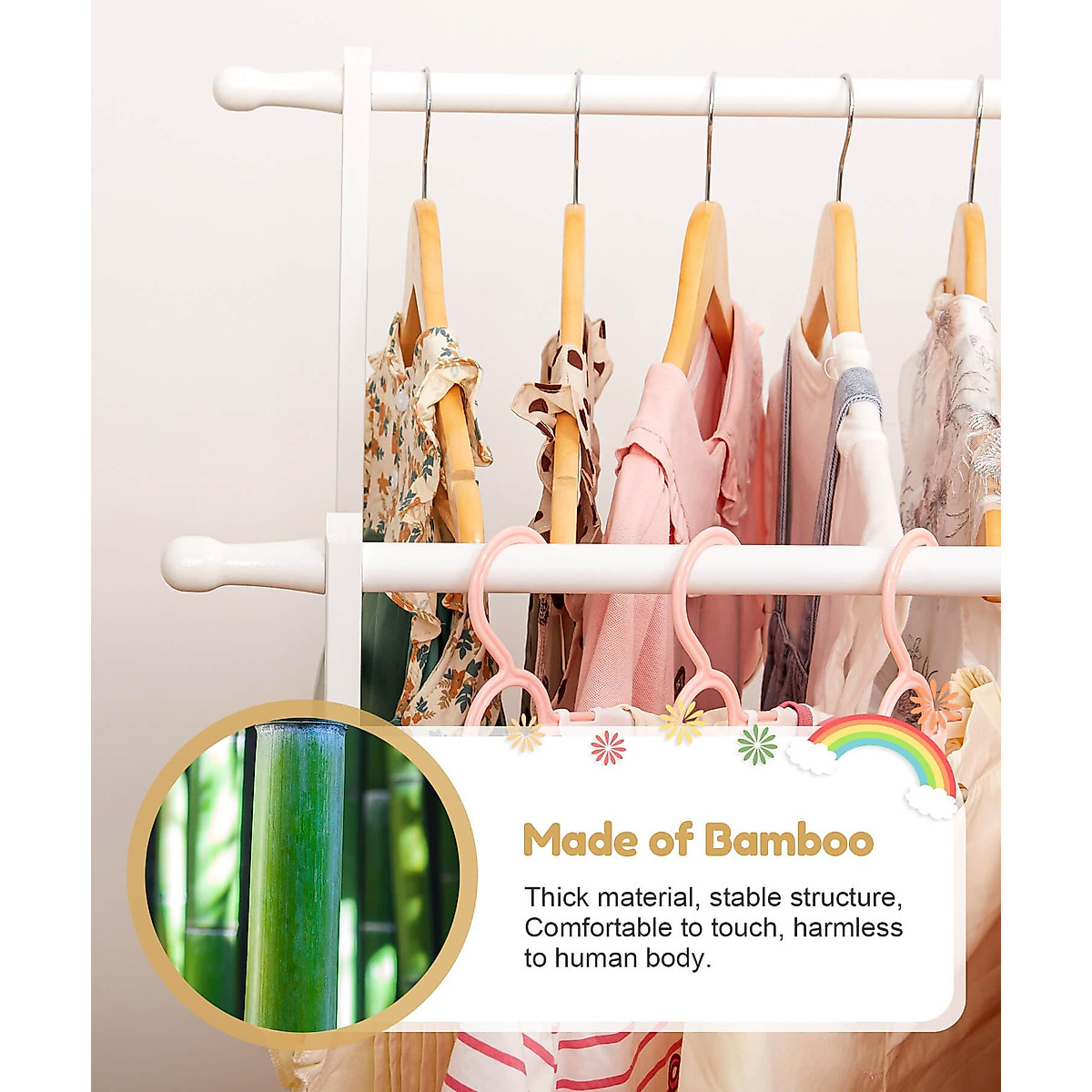 Cozivolife Kids Clothing Rack Bamboo with 2 Hanging Rods and 4 Hooks, Kids Dress Up Rack on Wheels, Small Child Garment Rack for Playroom,Toddlers Bedroom (White)