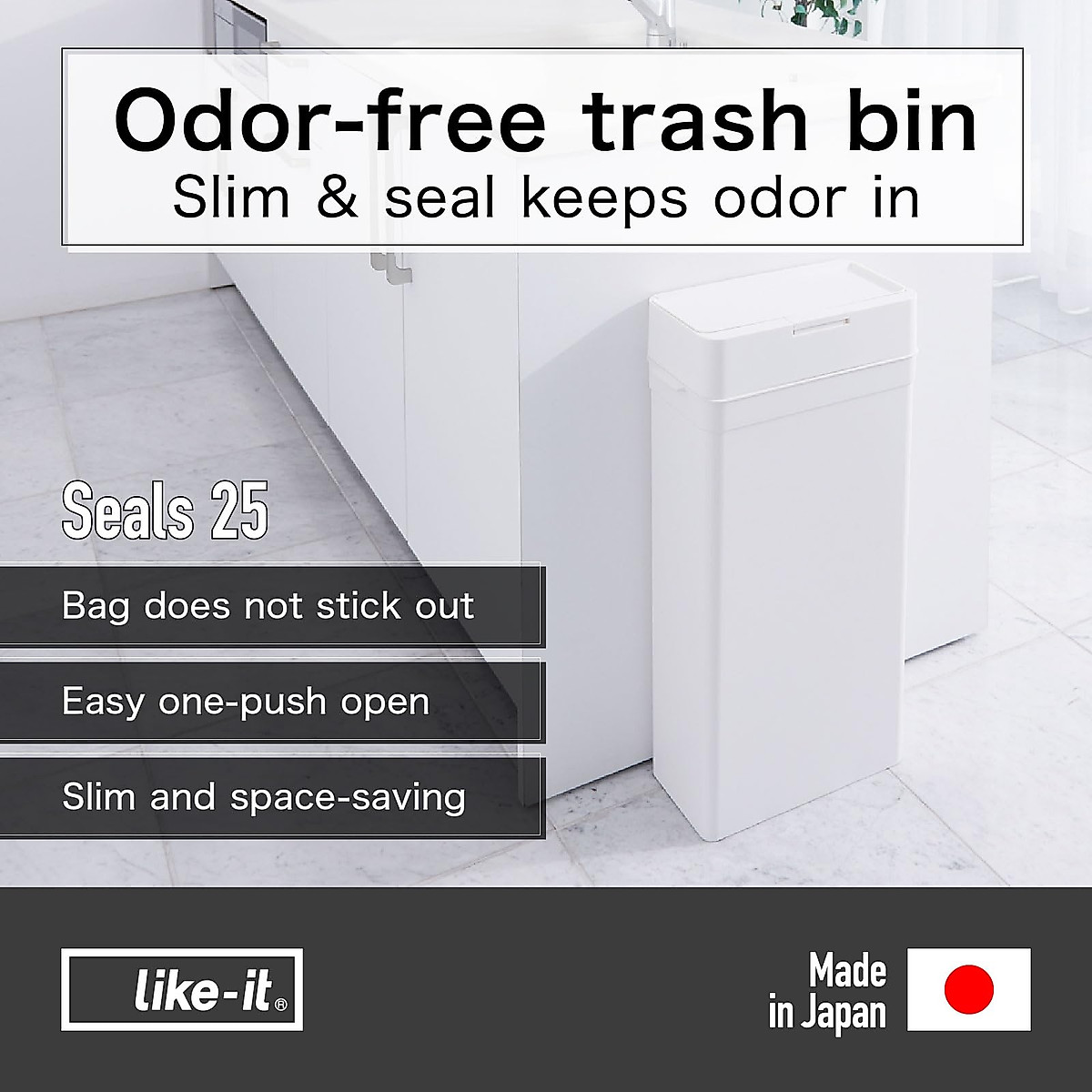 Like-it | LBD-02 | Odor-Free Trash Bin, Slim and Stylish | Odor Leakage Prevention, Kitchen, Living, Diaper and Pets | 13.2" × 6.7" × 24.6" | White | 6.6 gal