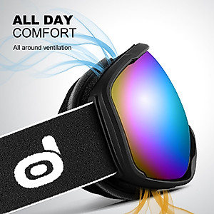 Odoland Snow Ski Goggles S3 Double Lens Anti-Fog OTG Windproof UV400 Eyewear for Men, Women and Youth-Skiing Snowboarding, Black Frame Blue Lens vlt 15%