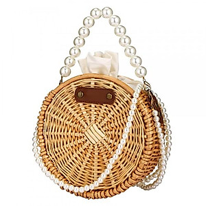 Round Rattan Bag, Pearl Purse, Summer Tote Bag, Top Handle Handbag, Beach Bag Purse for Women, Top Handle Handbag