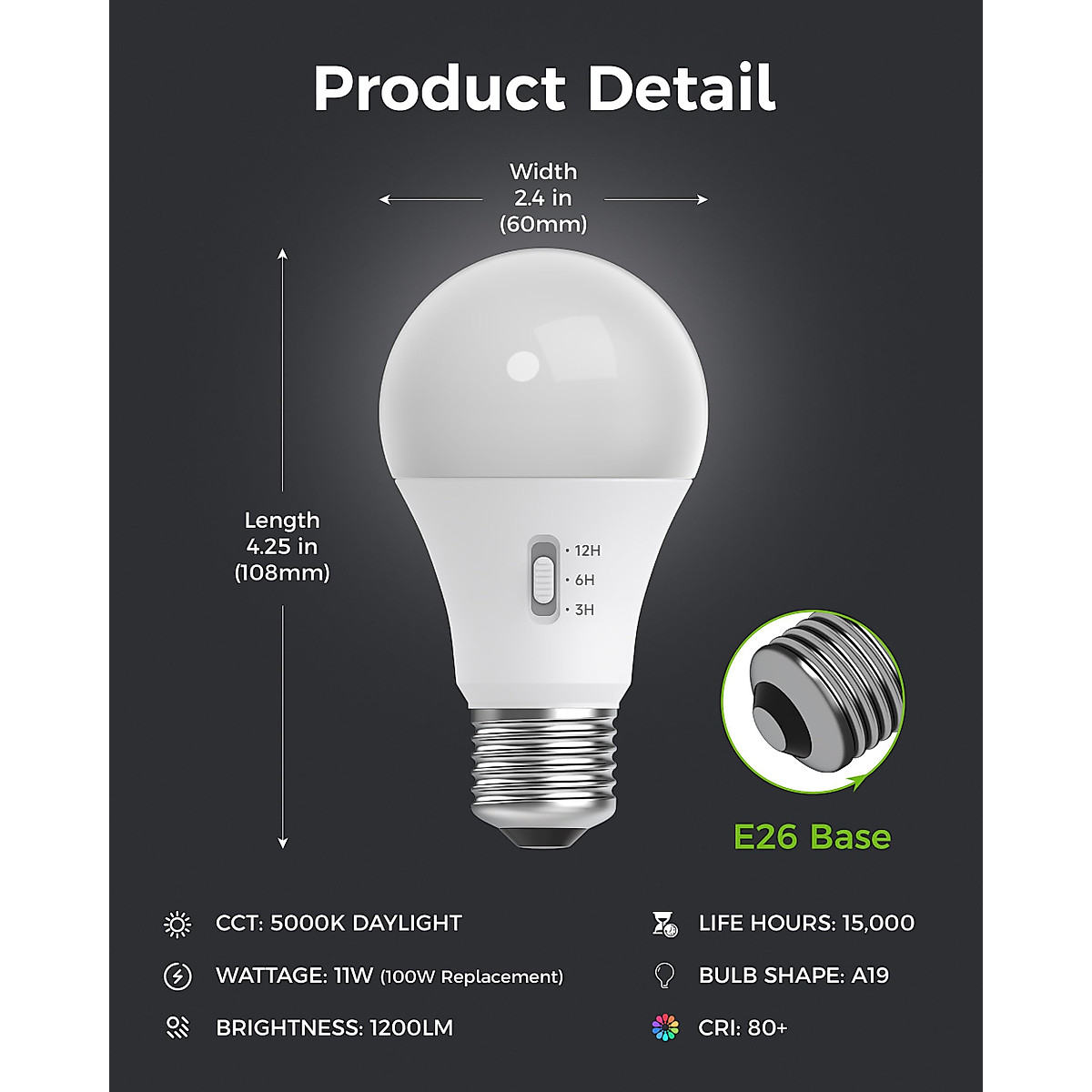 NEOROSS Timer Light Bulb, A19 Equivalent 100W LED Bulb, Built-in Automatic Timer, 11W 5000K Daylight White, 1200LM, E26 Base, Non-Dimmable, Auto On/Off for Outdoor & Indoor Security, 4 Pack