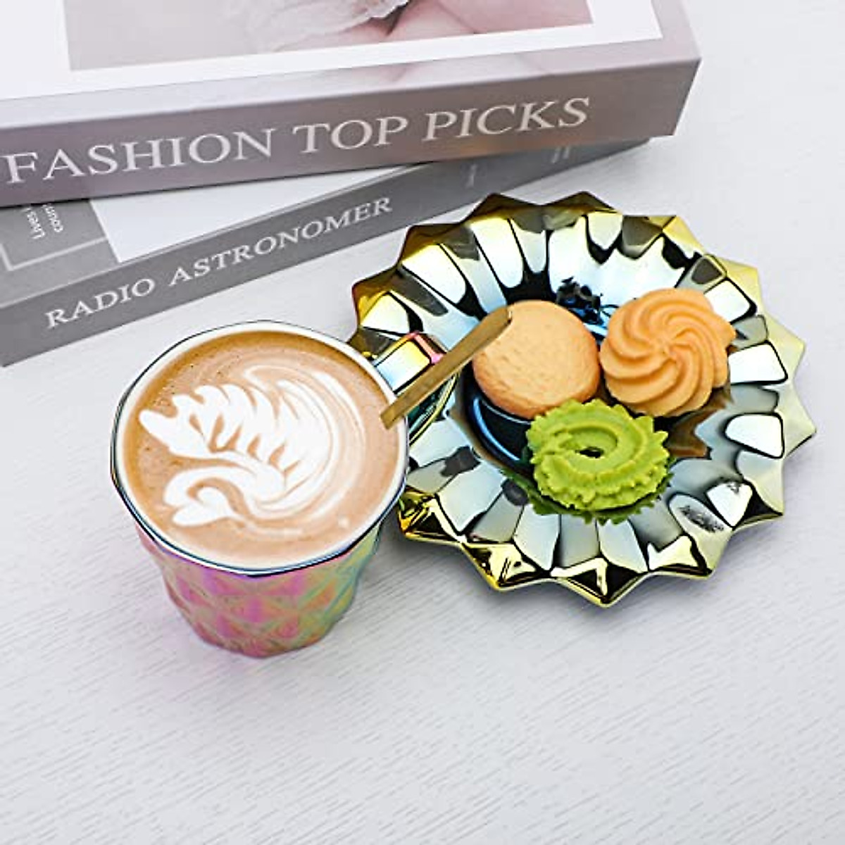 VCXOX Ceramic Coffee Mug, Creative French style Cup with Electroplated Geometry Saucer & Spoon Sets, Novelty Coffee Cup,6 oz/180 ml for Tea Latte Milk (purple)