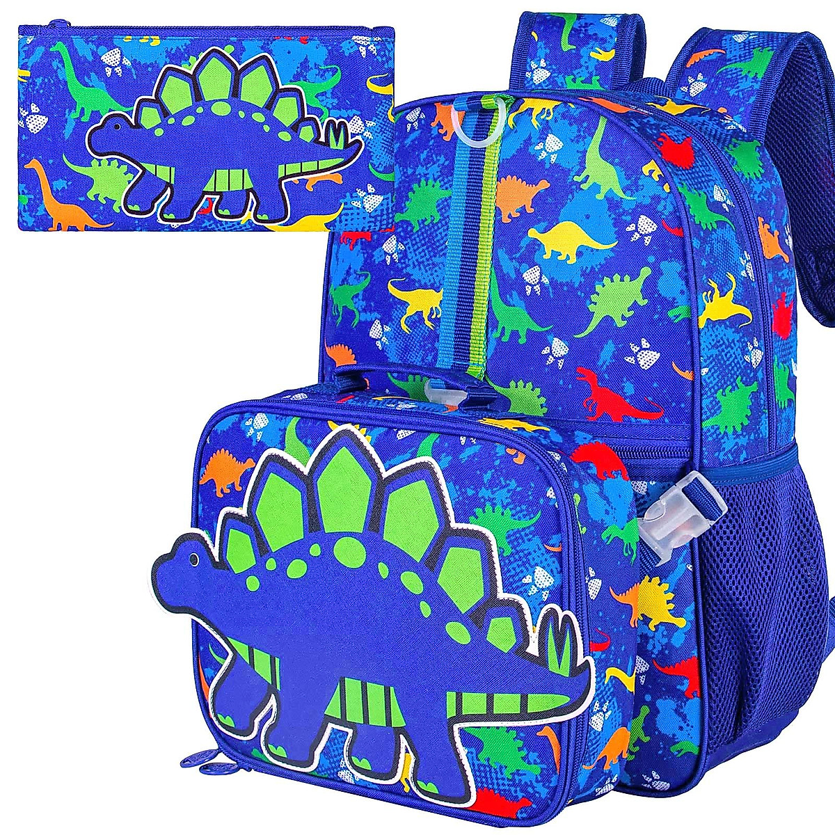 UFNDC 3PCS Dinosaur Backpack for Boys, 16”Kids Bookbag with Lunch Box, School Bag for Elementary Toddler