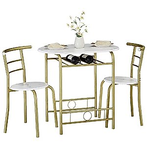 VECELO 3 Piece Small Round Dining Table Set for Kitchen Breakfast Nook, Wood Grain Tabletop with Wine Storage Rack, Save Space, 31.5", White & Gold