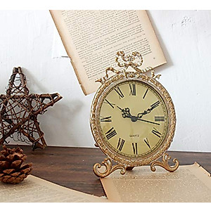 Funly mee Vintage Pewter Table Clock with Antique Golden Bow（Plexiglass Shell）