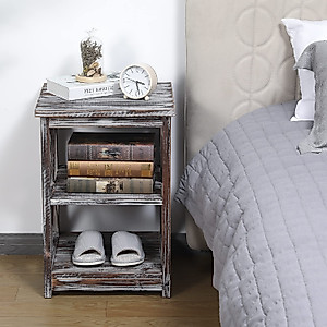 MyGift 24 Inch Tall End Table, Rustic Torched Solid Wood Living Room Accent Side Table with 3 Tier Display Shelf, Wooden X Design Bedroom Nightstand Square Storage Shelves