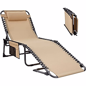 KingCamp 5-Position Folding Chaise Lounge Chair for Outside, Sunbathing, Tanning, Patio, Pool, Lawn, Deck, Portable Heavy-Duty Camping Reclining Chair with Pillow Pocket, Textilene, Supports 264lbs