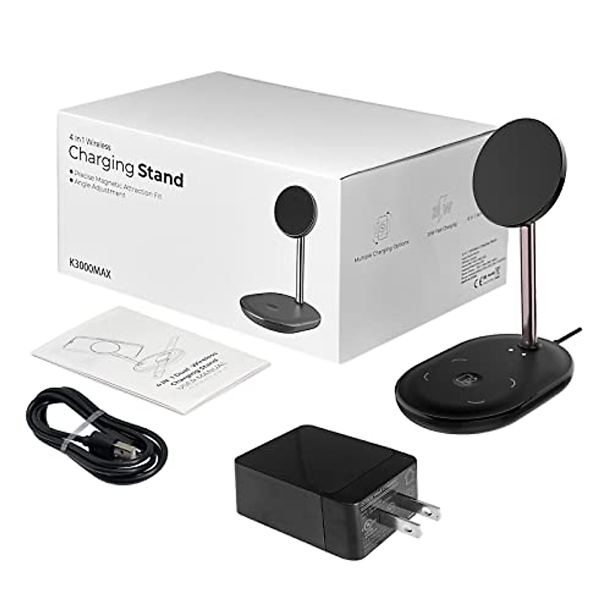 SSA Magnetic Wireless Charging Stand, 3-in-1 Magnetic Stand Lite with 5ft USB-C Cable, Mag-Safe Charger Stand for iPhone 14 12 13 Pro/Max/Mini, AirPods, Apple Watch (with AC Adapter)