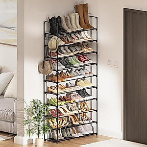 HOMICKER Shoe Rack,10 Tier Shoe Organizer Large Shoe Storage with Hooks,Fit 40-50 Pairs Shoes,Metal Tall Shoe Shelf for Closet,Entryway,Garage,Bedroom