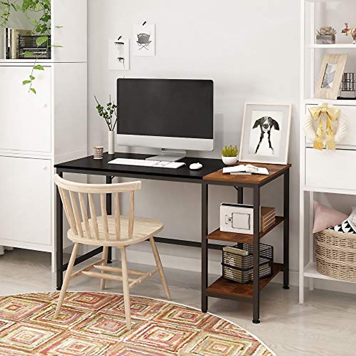 JOISCOPE Study Computer Desk for Home Office,Small Working and Writing Desk with Wooden Storage Shelf,2-Tier Industrial Morden Laptop Table with Splice Board,47 inches(Black Oak Finish)