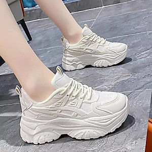 DevilAngel Women's White Platform Mesh Daddy Shoes, Solid Color Breathable Heightening Jogging Walking Sneakers (White-B,8.5)