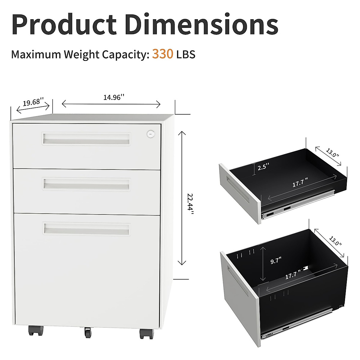 COFaR Cabinet, 3 Drawer Metal File Cabinet with Lock & Wheels, Under Desk Storage for Home Office, Fits Legal/Letter/A4, Vertical Filing (White, 22.5 x 19.7 x 14.9 inches, 40lbs)