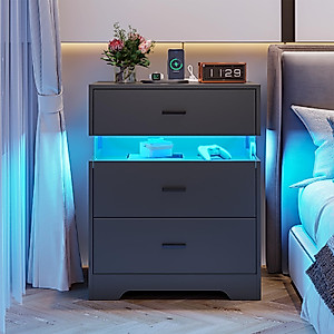 Hasuit Black Night Stand Set of 2 with LED Lights and Charging Station, Modern Nightstand with 3 Drawers, Bedside Tables/End Table for Bedroom