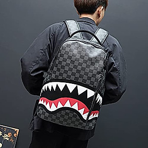 FJQSHA Student Backpack Fashion Plaid Backpack Student School Bag Large Capacity Shark Backpack (Color : Black, Size : 29 * 45 * 10)