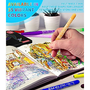 Felt Tip Pens, 35 Colored Fine Point Felt Pen with Fiber Tip, Water-Based Ink, Perfect Markers Pen for Bullet Journaling Adult Coloring, Note Taking at School Office