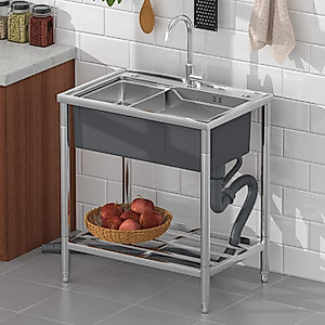 Freestanding Stainless Steel Sink Commercial Restaurant Sink Single Bowl Outdoor Sink with Cold and Hot Water Pipe Undershelf Faucet for Cafe, Bar,Hotel,Garage,Laundry Room,28.3"D x 19.3"W x 31.5"H