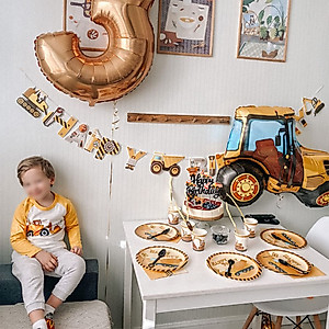 1 PCS Construction Happy Birthday Cake Topper Glitter Construction Cake Pick Dump Truck Excavator Tractor Cake Decorations for Construction Theme Baby Shower Kids Birthday Party Supplies Black