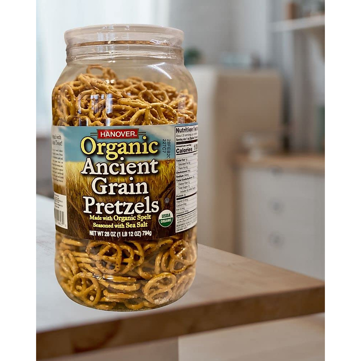 Hanover Organic Ancient Grain Spelt Sea Salt Pretzels Low Fat Cholesterol Trans Fat Free Party Snacks Resealable Container 28 oz Barrel
