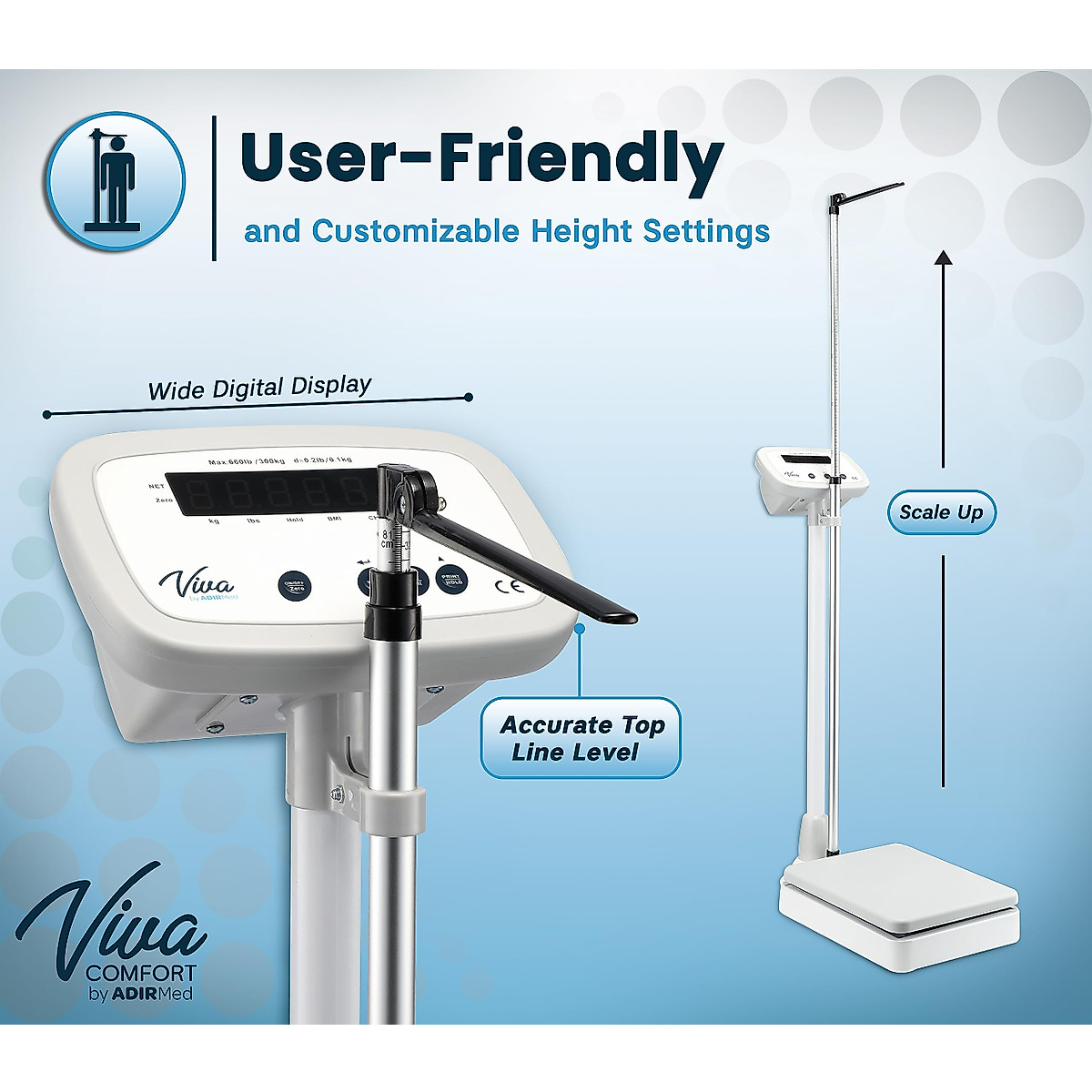 AdirMed Digital Physician Scale with Mechanical Height Rod - Eye-Level Measuring Station for Body Weight, Height & BMI - Ideal for Gyms, Medical Facilities & Rehabilitation Centers