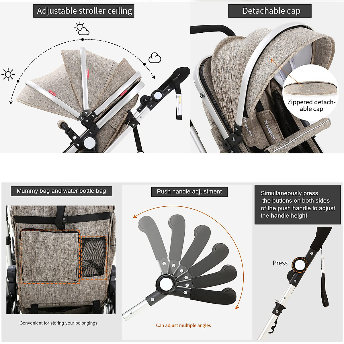 Cynebaby Baby Stroller, Convertible Bassinet Stroller for Newborn Infant Lightweight Pram Strollers with Snack Tray… (Khaki)