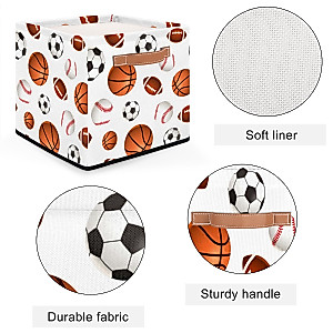 KOBLEN Sports Ball Print Square Storage Basket Collapsible Storage Box Clothes Basket 13x13 Inch Large Cube Storage Bin With PU Leather Handle for Home Office Closet Shelves