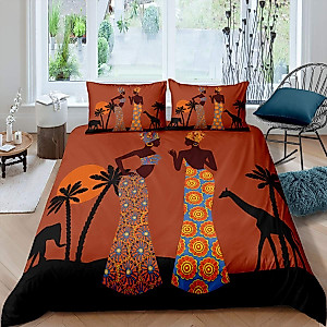 African Woman Themed Duvet Cover Brown African Pattern Bedding Set Ethnic Afro Giraffe Comforter Cover for Women Adults Room Decor Black Palm Tree Print Bedspread Cover Queen Size With 2 Pillow Case