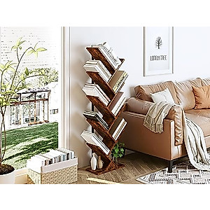Yusong Tree Bookshelf, Geometric Bookcase with Steel Pipe for Living Room Bedroom, Floor Standing Shelves for Home Office (Rustic Brown, 9 Tier)