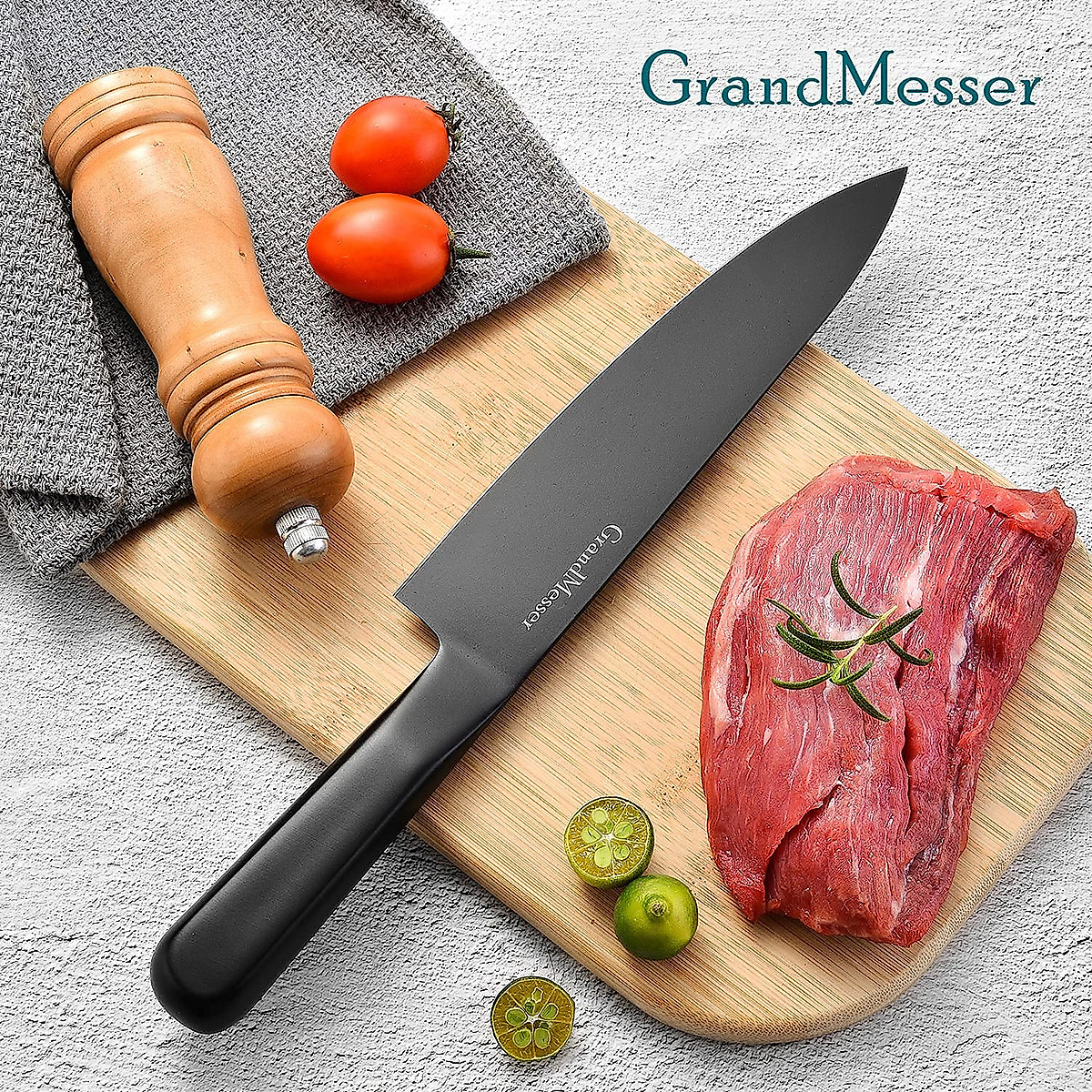 GrandMesser Cooking Chef Knife 8 Inches Carbon Stainless Steel Kitchen Knife with Sharpener and Ergonomic Handle - Chopping Knife for Professional Use (Glossy Stainless)