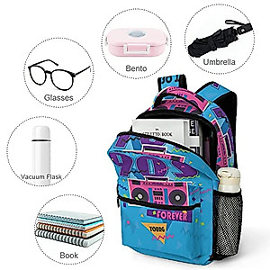 Kazynee Retro 90's Laptop Backpack, Rustic Geometric Realistic Tape 90's Party Theme Backpack with Padded Shoulder Straps One Size