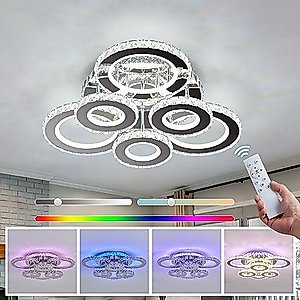 YYJLX Led Ceiling Light with Remote Control Modern 7 Rings Crystal Flush Mount Ceiling Light Fixtures 23inch 3 Color Dimmable and RGB Ceiling Lamp for Living Room Kitchen Dining Room Bedroom.