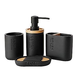 N / C 4 Pcs Resin Bathroom Accessories Set Includes Decorative Soap Dispenser Soap Dish Tumbler Toothbrush Holder with Wood and Bamboo Accessories (Black)