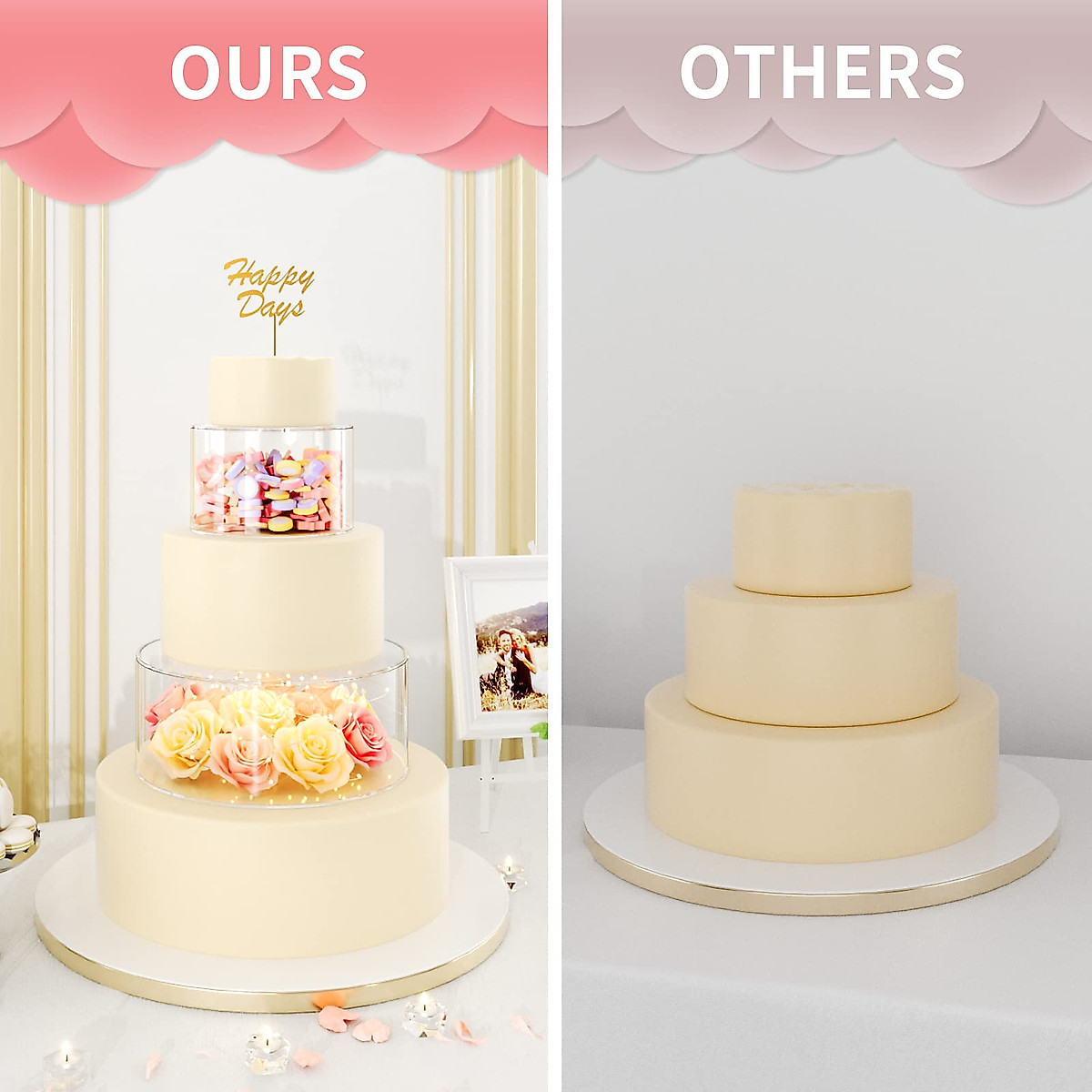 2PCS Acrylic Fillable Cake Stand Cake Riser Cake Tier, Round Cylinder Display Riser Display Box, Decorative Centerpiece for Wedding Birthday Party (10" Dx4 H inch, 6" Dx4 H inch, 2M LED Lights)