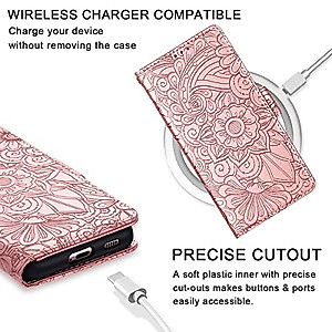 Petocase Samsung Galaxy S22 Wallet Case - Embossed Mandala Floral Leather, Wristlet Shockproof, ID & Card Slots, Rose Gold