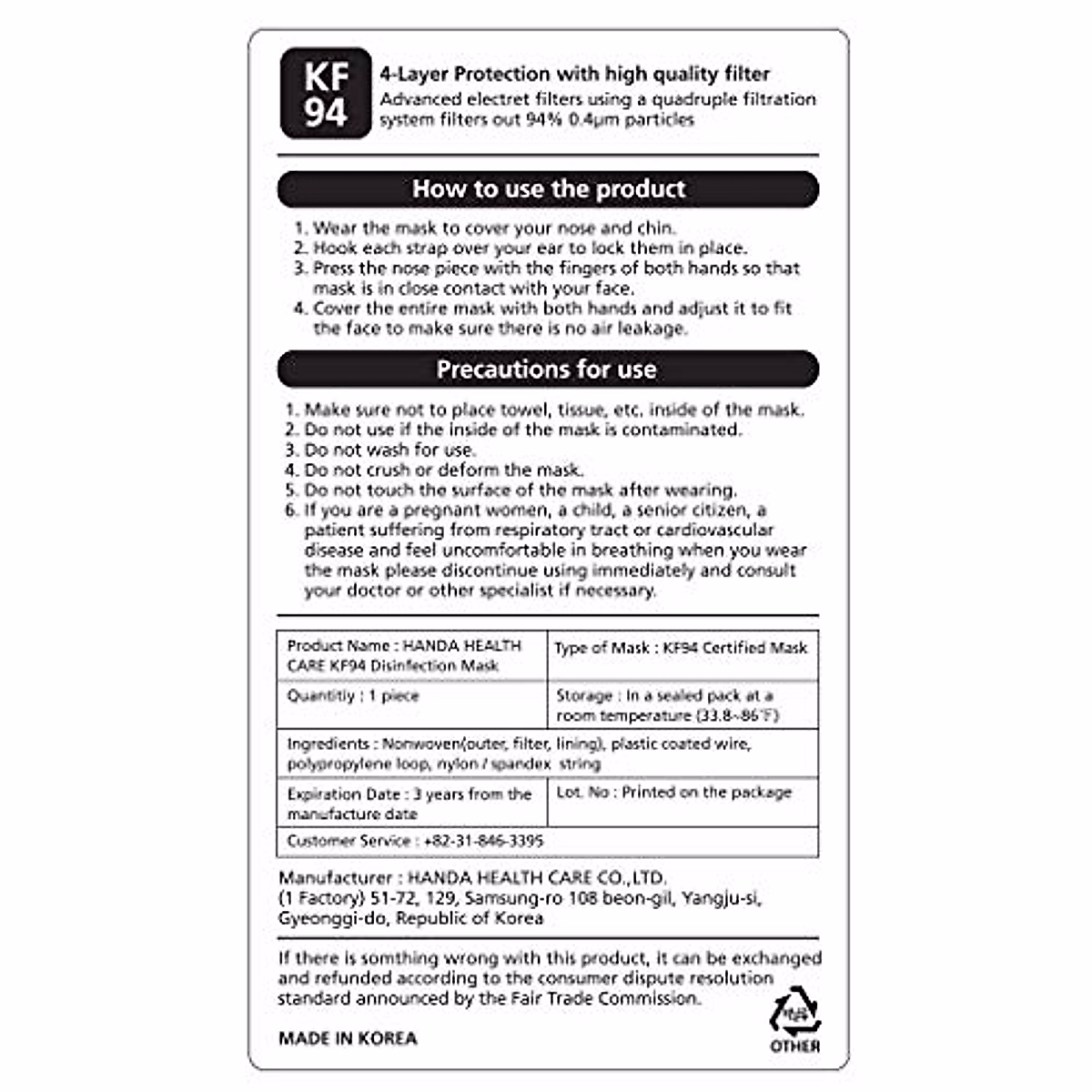 (100 Count) Good Manner KF94 Protective Face Safety Mask (White) Made in South Korea