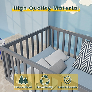 Zevemomo Twin Size Floor Bed for Kids & Children, Twin Montessori Floor Beds with Safety Guardrails and Door, Wood Beds for Kids & Childrens, Boys and Girls, Easy Assembly(Grey)