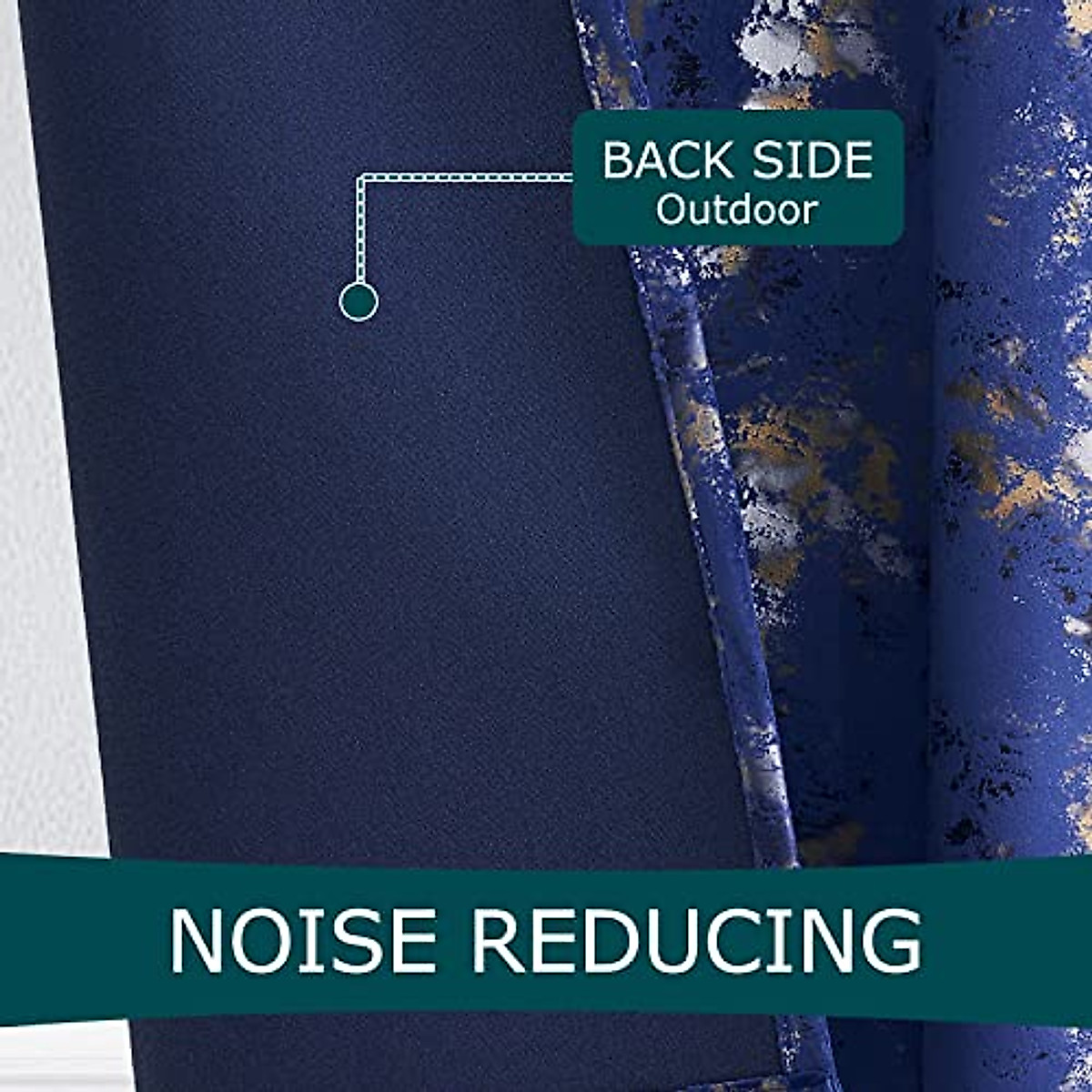 Woaboy 90% Blackout Glitter Velvet Curtains 84In Long Soft Luxury Gold Foil Print Window Curtain for Bedroom Living Room Blackout Darkening Thermal Insulated Grommet 2 Panels 52W x 84L Navy