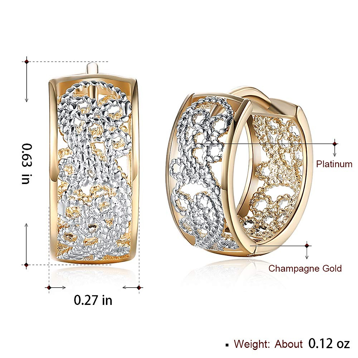 14K Gold Silver Wide Filigree Hoop Earrings Hollow Carved Flower Texture Earrings For Womens Men