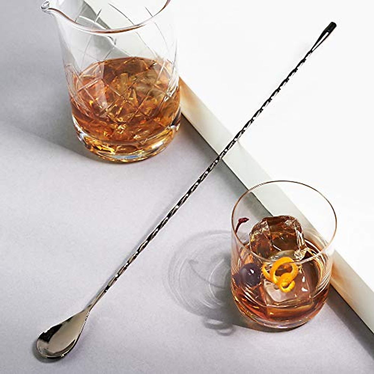Viski Gunmetal Weighted Stainless Steel Barspoon, Japanese Twisted Stem Handle, Teardrop Weight