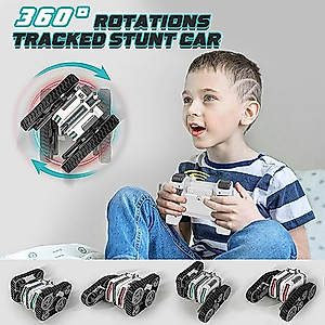 FUUY Remote Control Car, 360° Rotating RC Car with Cool Lights, Transform RC Tank Mini RC Crawler Double-Sided Tracked Fancy Stunt Car Kid Toy for Birthday White